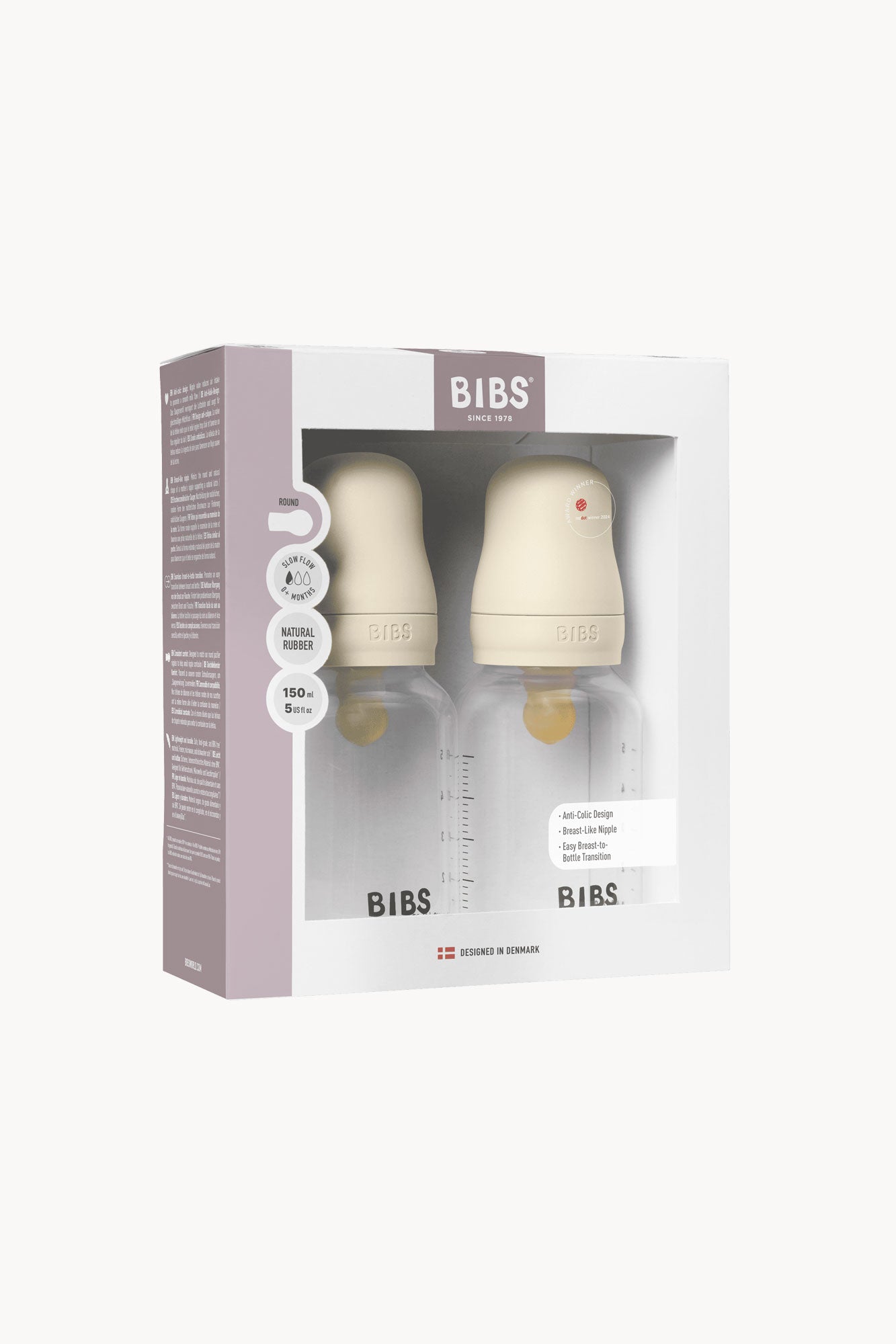 BIBS Baby Bottle Round Latex 2 pack 150 ml Slow Flow Ivory