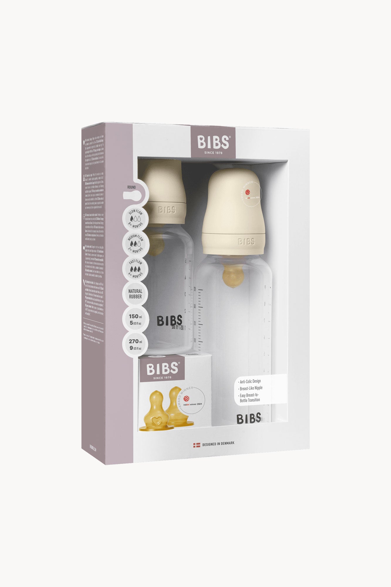 BIBS Grow and Flow Baby Bottle Round Latex Set 150ml / 270ml Ivory